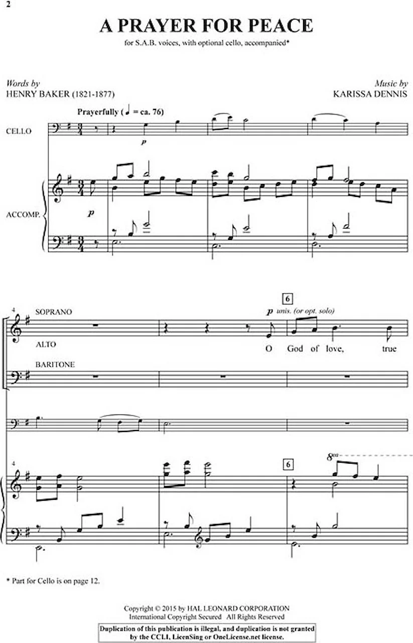 Shawnee Press a Prayer for Peace SAB W/ Cello Composed by Karissa ...