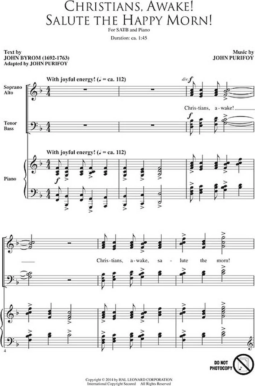 Christians Awake Salute The Happy Morn SATB Composed by John Purifoy ...