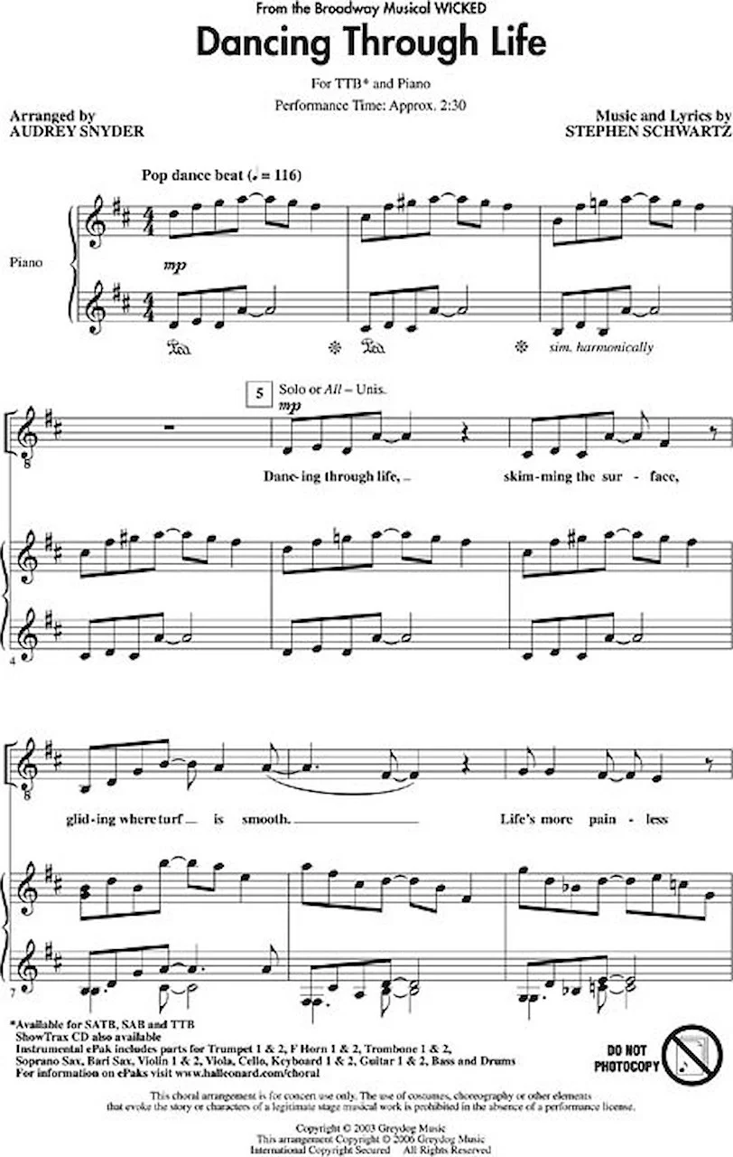 Hal Leonard Dancing Through Life (from Wicked) TTB Arranged by Audrey ...