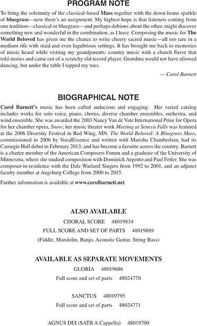 Gloria (from The World Beloved a Bluegrass Mass) SATB Composed by Carol Barnett for sale online ...