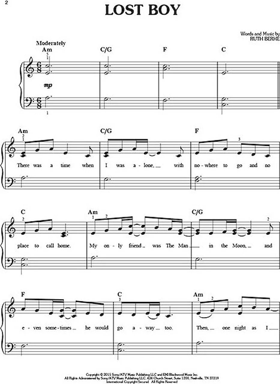 Lost Boy by Ruth B - Easy Piano Sheet Music 199141 for sale online | eBay