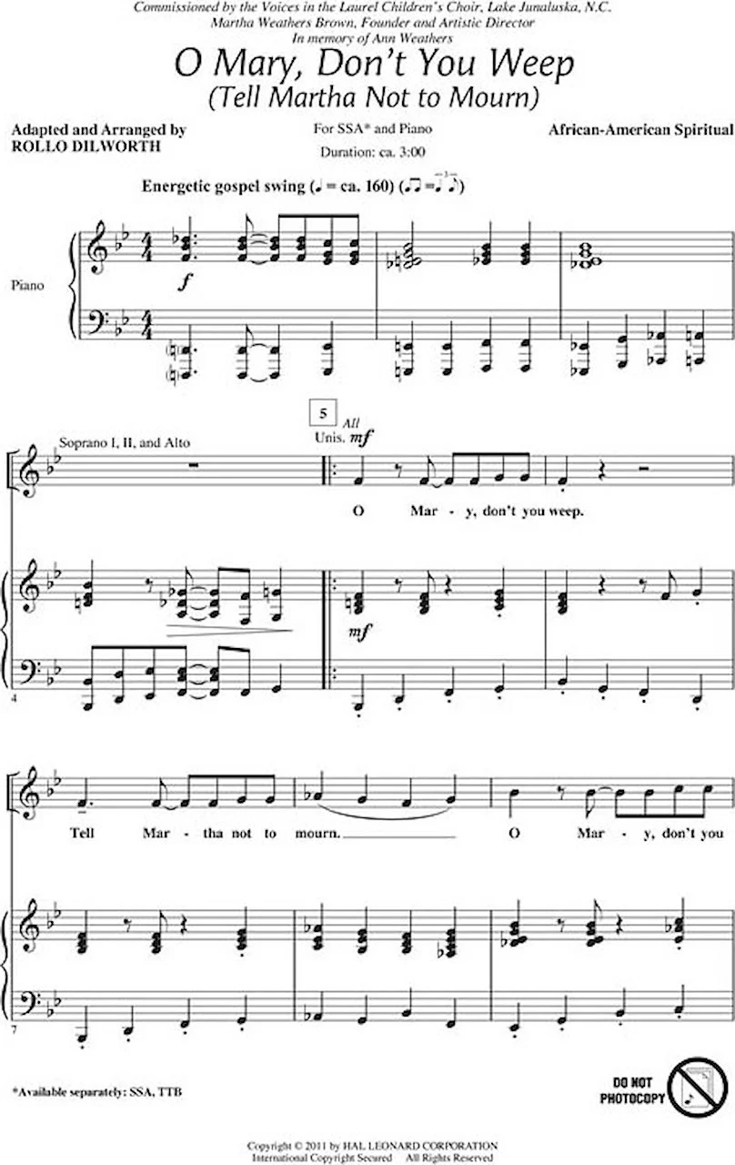 O Mary Don't You Weep (tell Martha Not to Mourn) SSA Arranged by Rollo ...