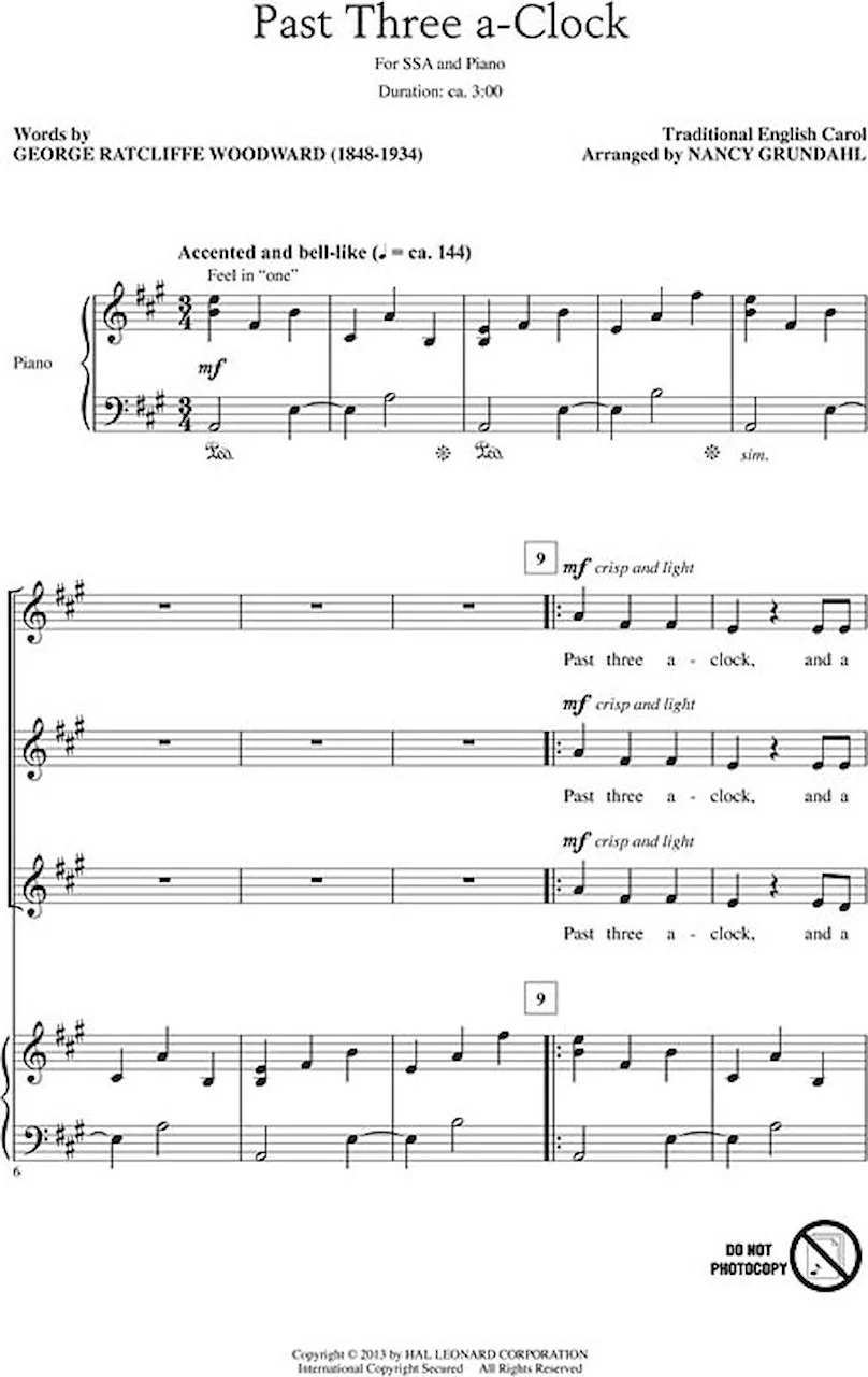Hal Leonard Past Three A-clock SSA Arranged by Nancy Grundahl for sale ...
