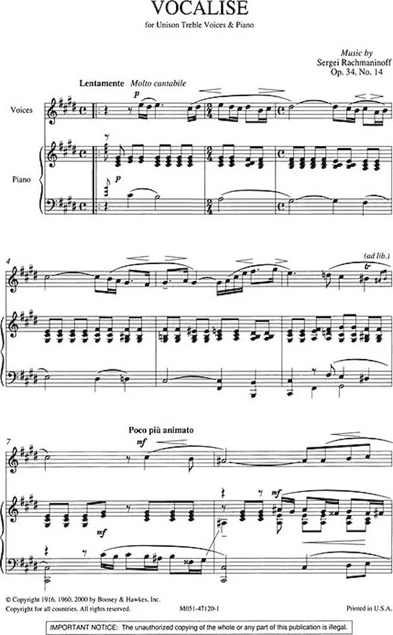 Vocalise Op. 34 No. 14 Unison Treble Sergei Rachmaninoff Arranged by ...